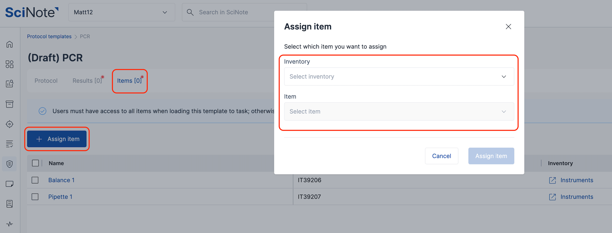How to Add Inventory Items to a Protocol Template in SciNote