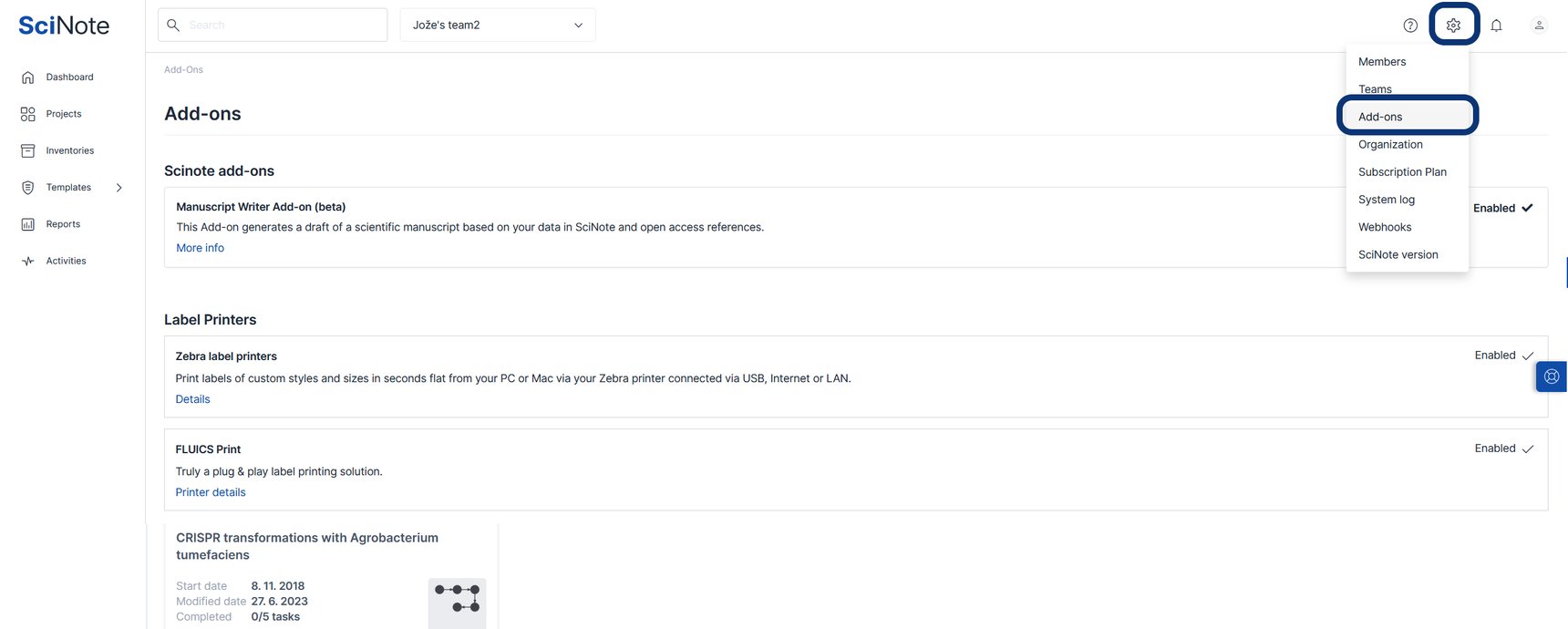 How to manage add-ons in SciNote